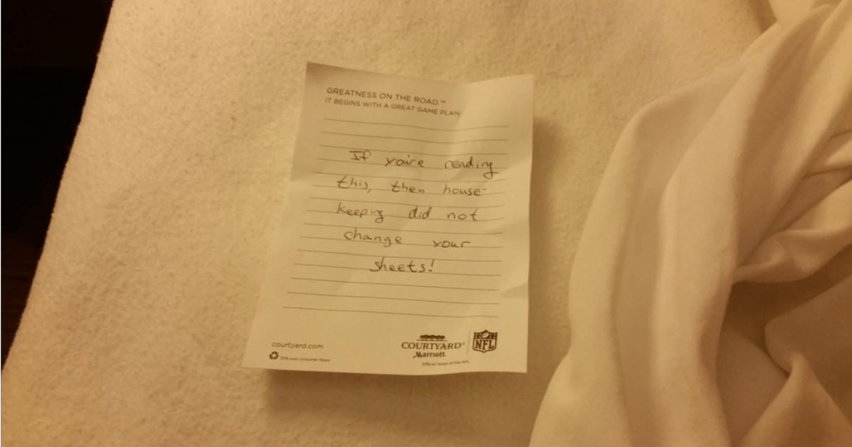 The note you do NOT want to find in your sheets when you're at a hotel.